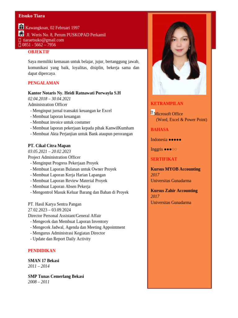 Profil Etsuko Tiara: Administrasi & Keahlian | PDF