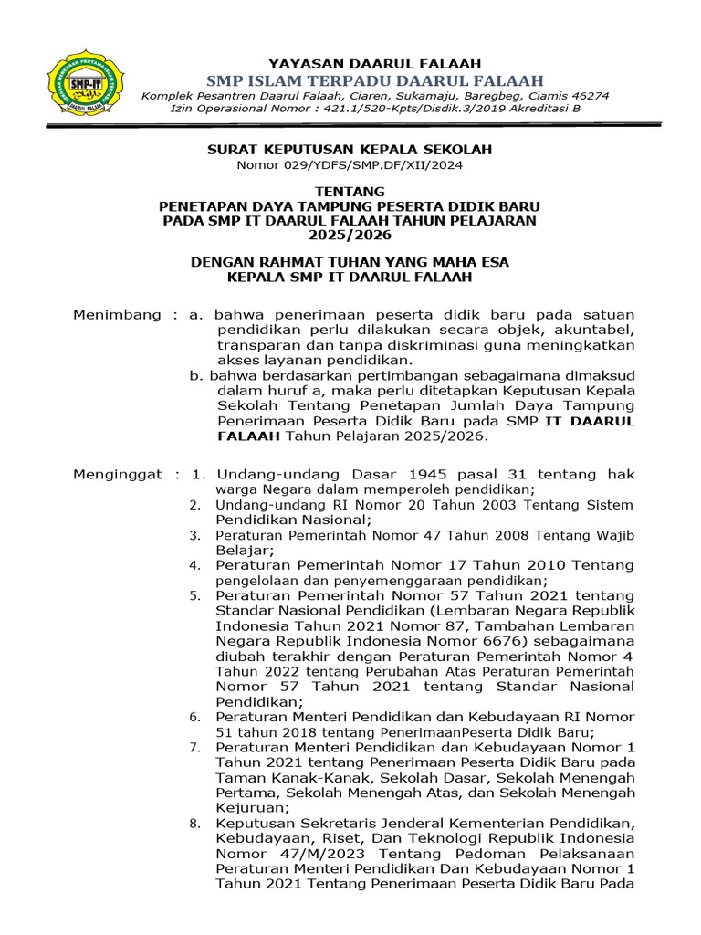 SK Daya Tampung Sekolah 2025 (SMP It DF) | PDF