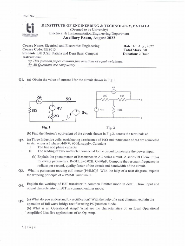 UES013 Electrical Engineering Exam 2022 | PDF