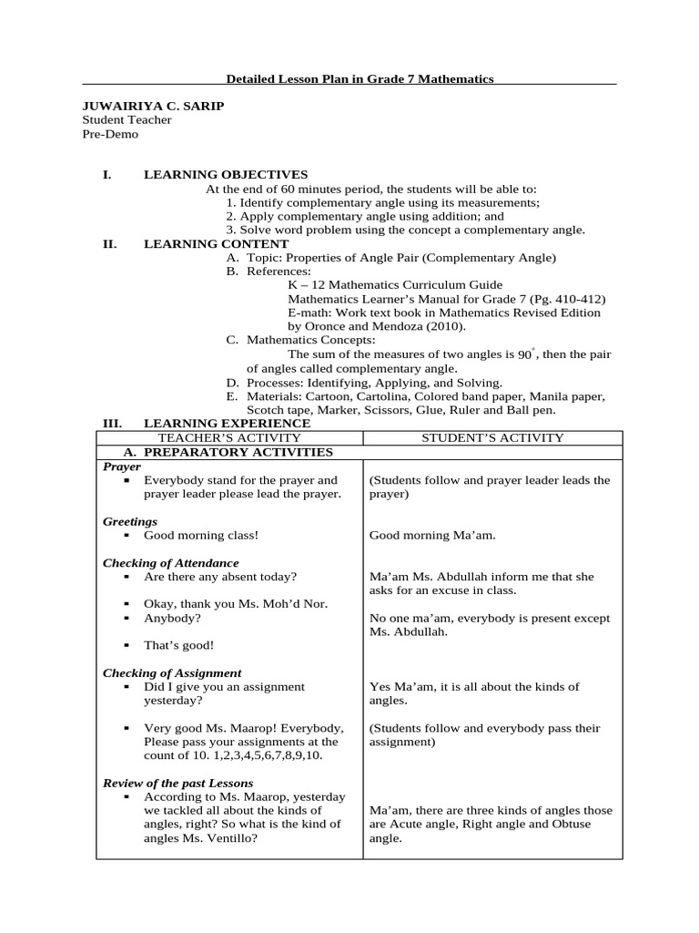 Detailed Lesson Plan Grade 7 Mathematics | PDF | Angle