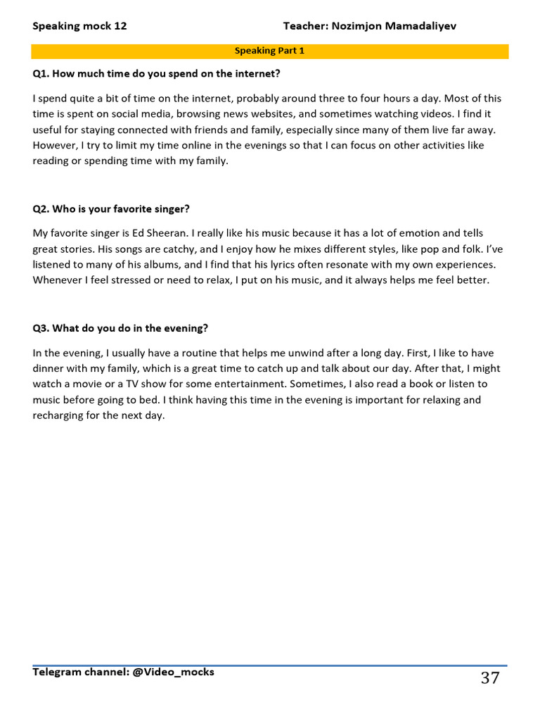 Speaking Mock 12 Sample Answers | PDF | Learning | Psychology
