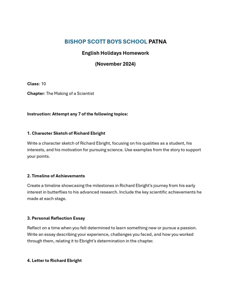 Class X English Holidays Homework | PDF | Science | Cognition