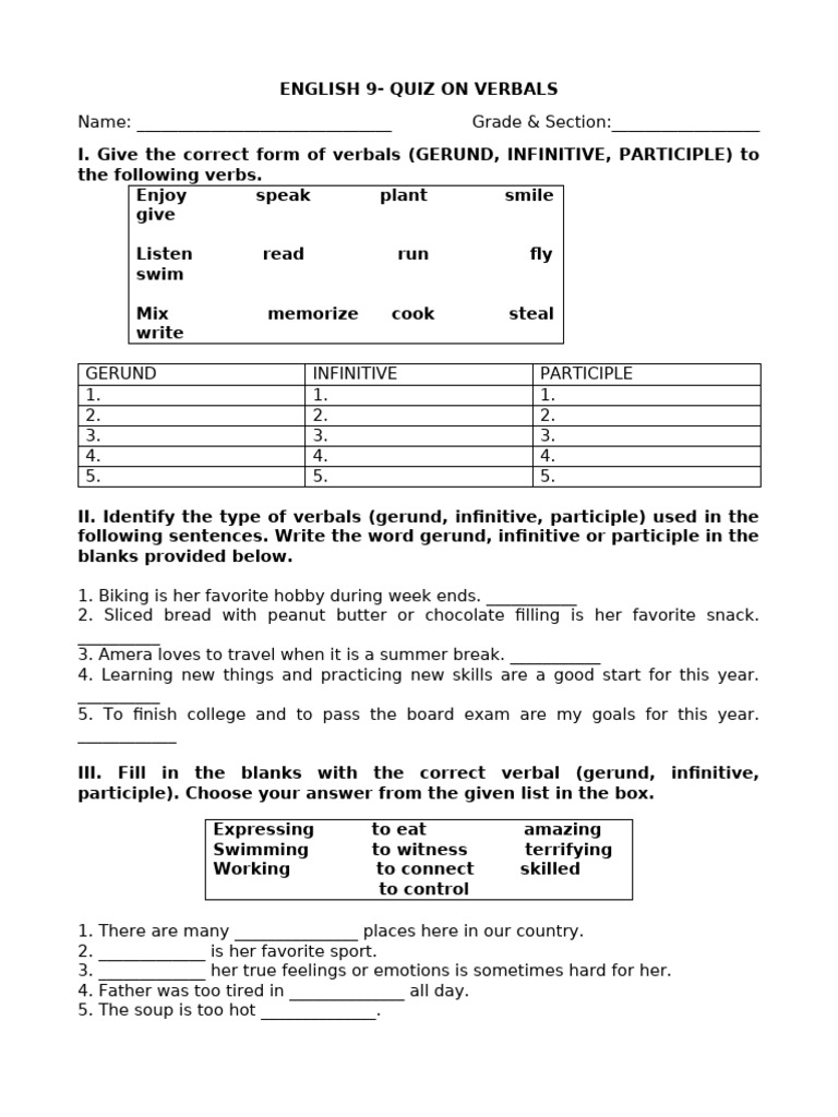 English 9 Verbals Quiz | PDF