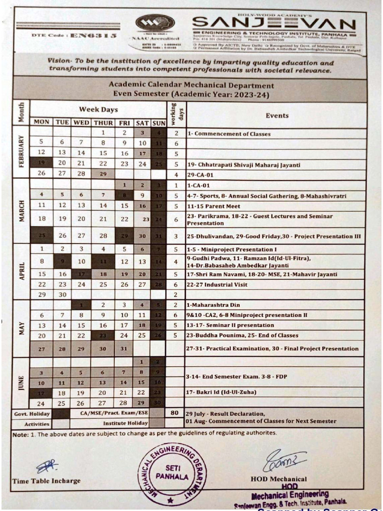 Mechanical Academic Calender | PDF