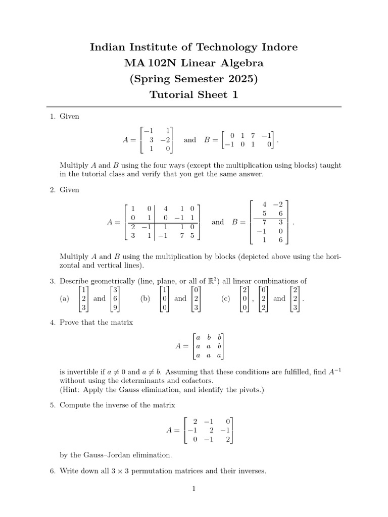 Tutorial1 LA 2025 | PDF | Matrix (Mathematics) | Applied Mathematics
