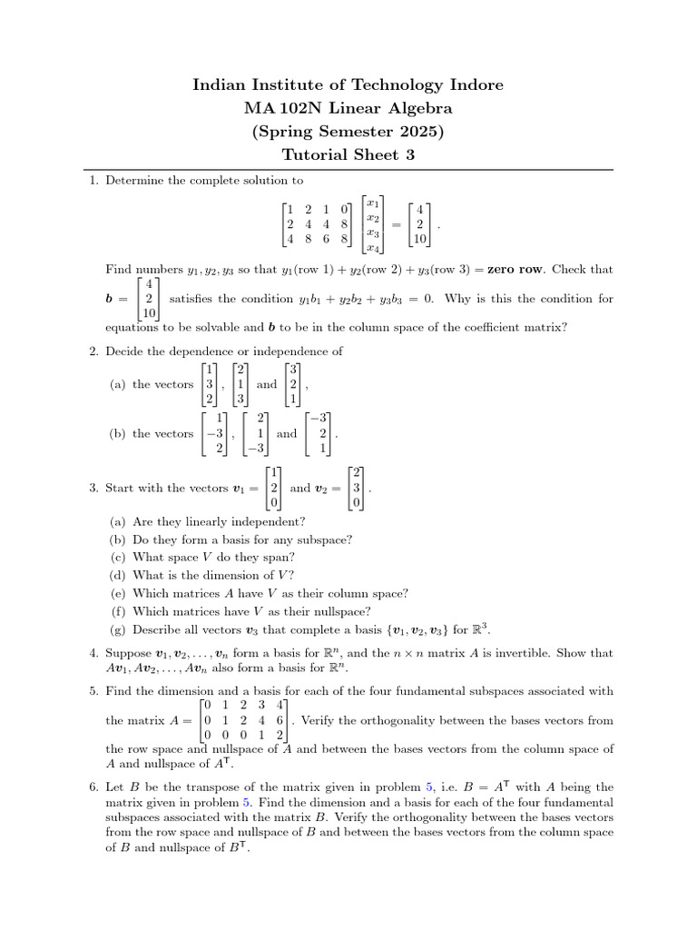 tutorial3_LA_2025 | PDF | Linear Subspace | Abstract Algebra