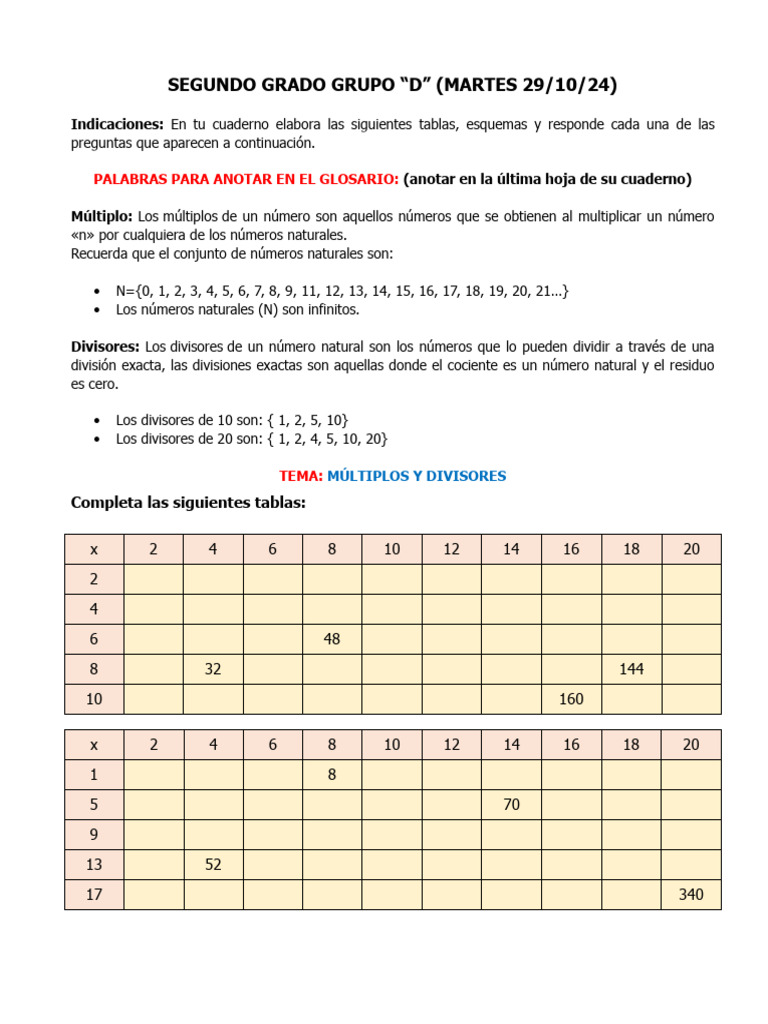 Segundo Grado Grupo D (Martes 29-10-24) | PDF | División (Matemáticas ...