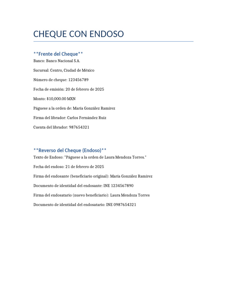 Ejemplo de cheque endosado completo | PDF