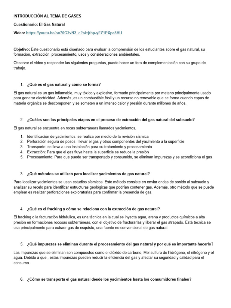 Cuestionario sobre Gas Natural y su Uso | PDF | Gas natural | Materiales