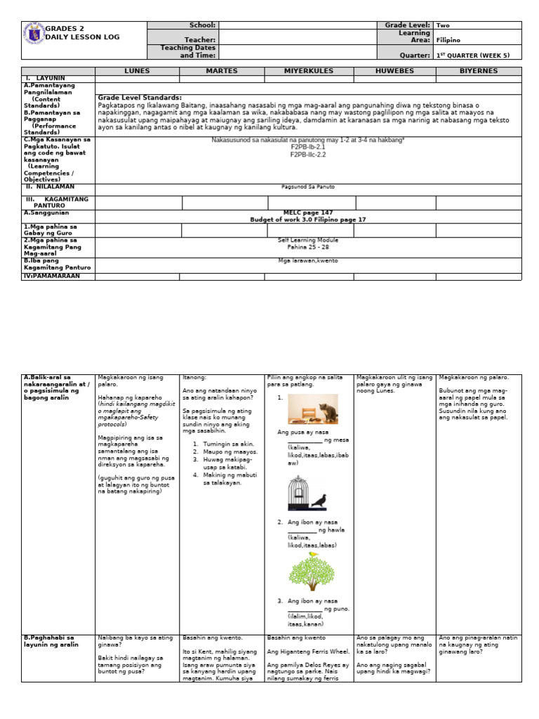 1st QUarter - Filipino - Week 5-5 Days | PDF