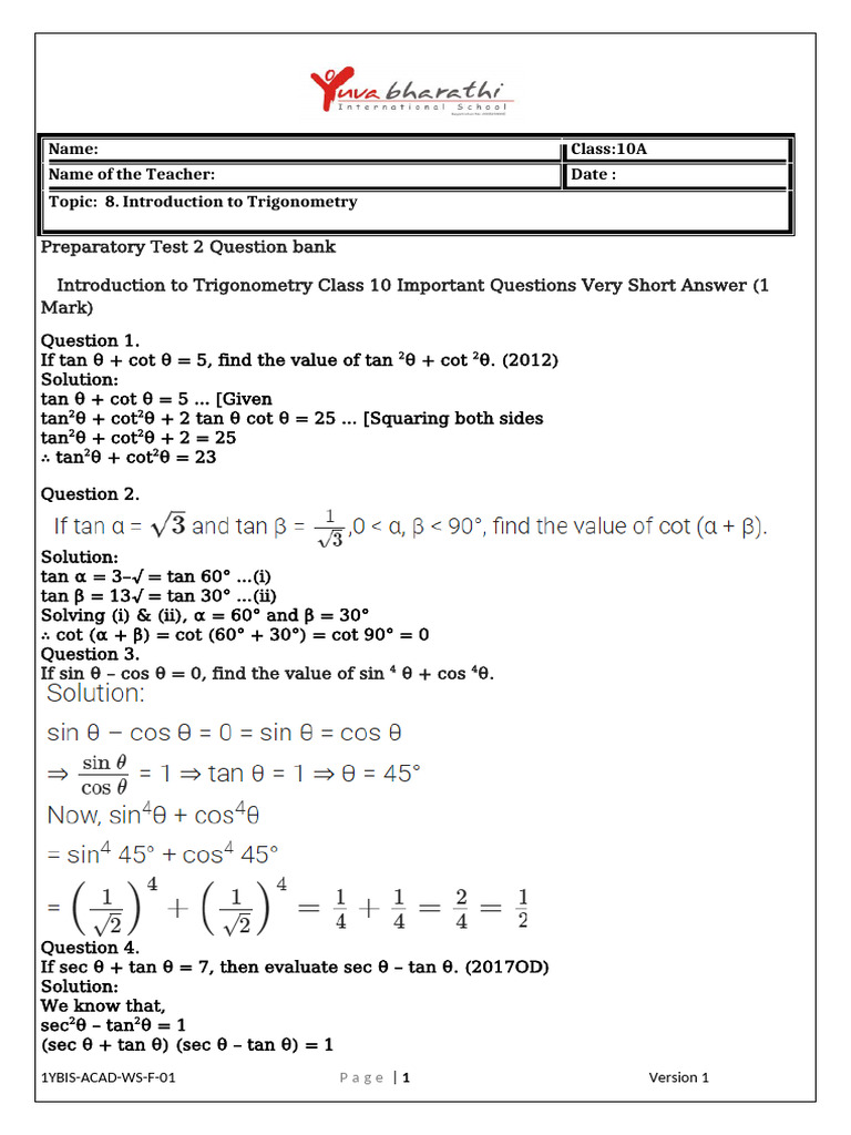 Trigonometry Class 10 Important Questions | PDF | Trigonometric ...
