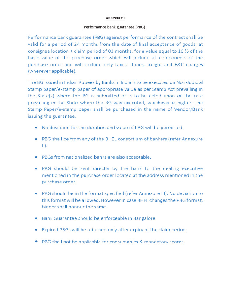 Performance Bank Guarantee (PBG) : Annexure-I | PDF