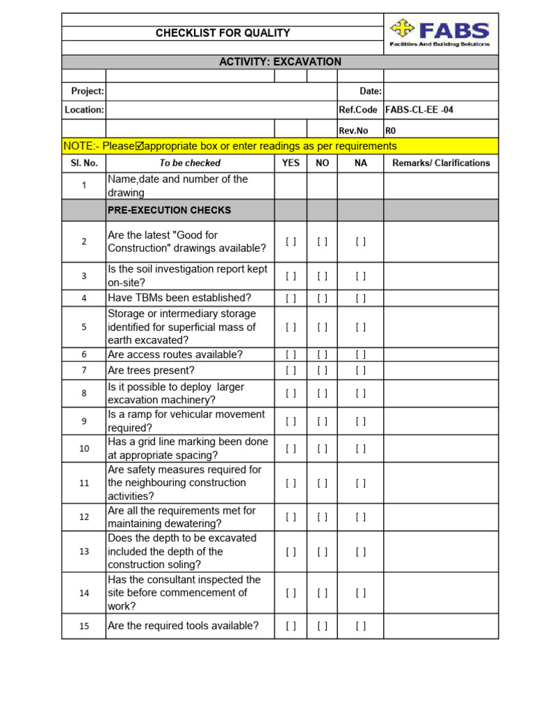Excavation Quality Checklist Template | PDF