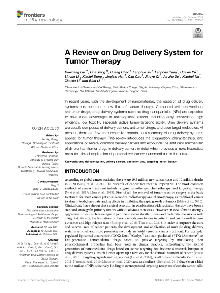 Review - Key - DDS For Tumor Therapy | PDF | Chemotherapy | Liposome