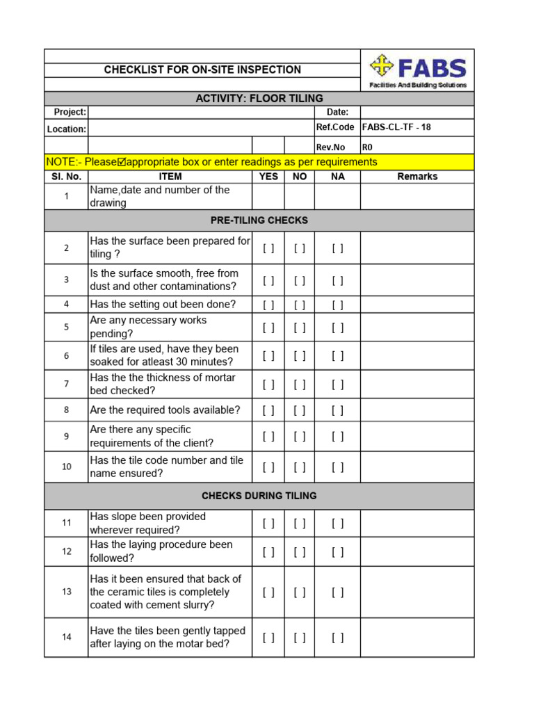 Floor Tiling Inspection Checklist | PDF | Tile | Structural Engineering