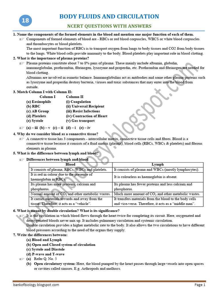 18 Body Fluids N Circulation - Ncert Questions With Answers (Encrypted ...