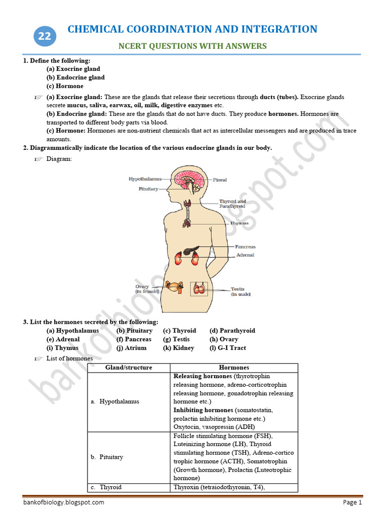 22 chemical coordination n integration - ncert questions with answers(encrypted) | PDF ...