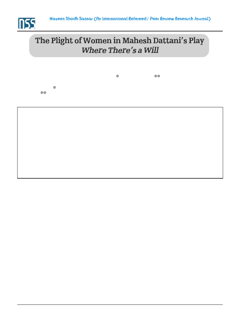 The Plight of Women in Mahesh Dattani's Play Where There's A Will | PDF