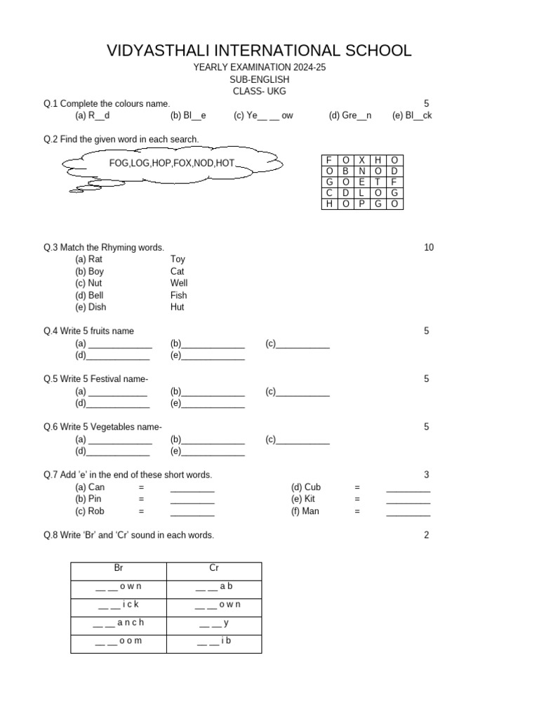 Ukg English Paper Yearly Exam | PDF