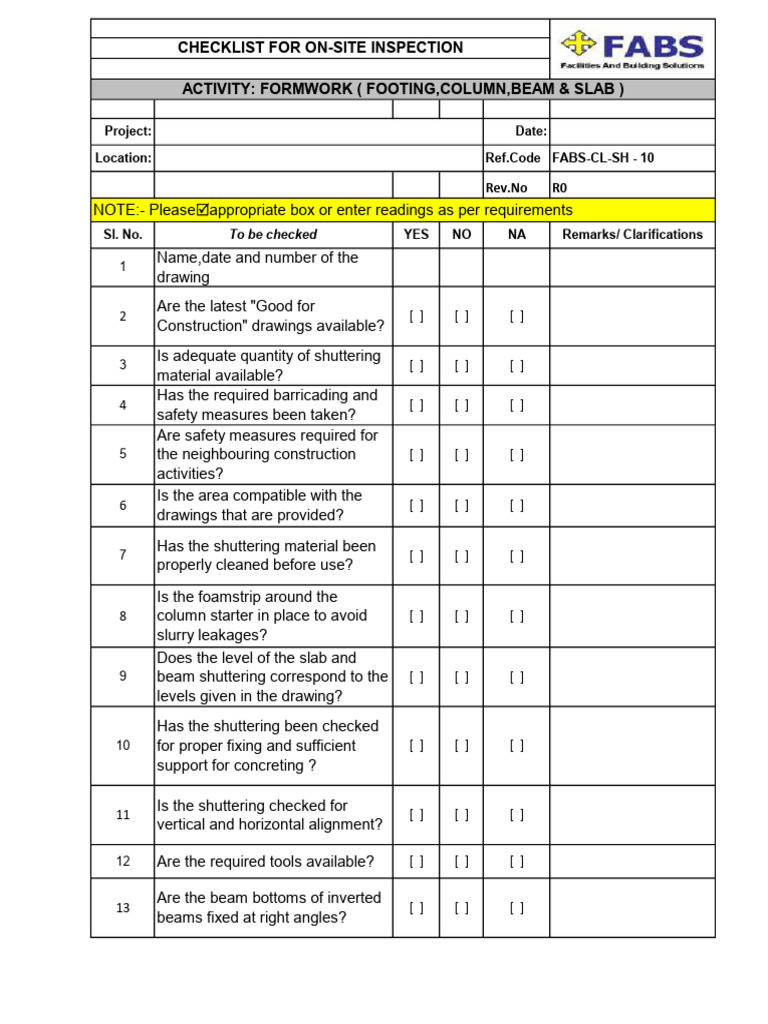 Fabs Formwork (Footing, Column, Beam & Slab) Checklist | PDF | Structural Engineering