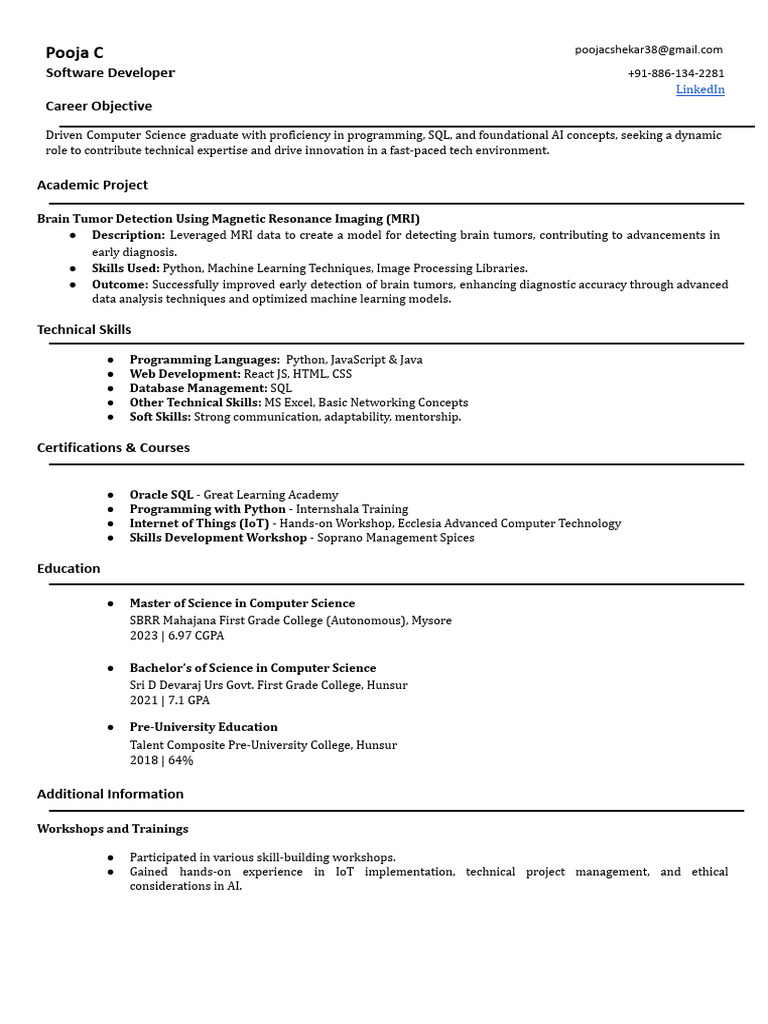 Pooja - Sofware Developer Resume | PDF | Internet Of Things | Sql