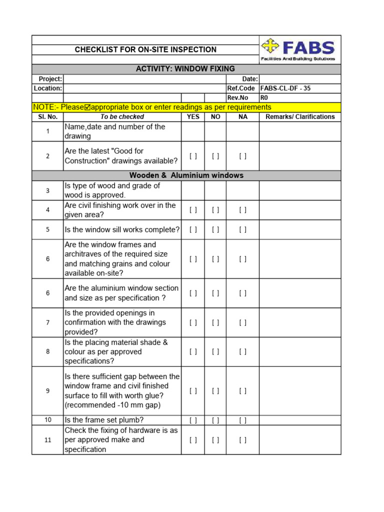 Fabs Window Fixing Checklist | PDF | Building Engineering | Materials
