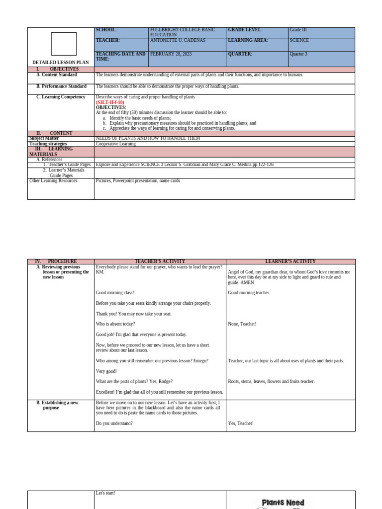 Plant Care and Handling Lesson Plan | PDF | Plants | Learning