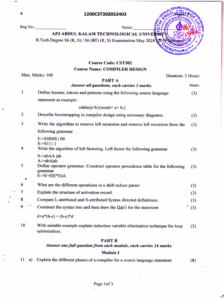 CST302 Compiler Design May 2024 | PDF | Parsing | Computer Science