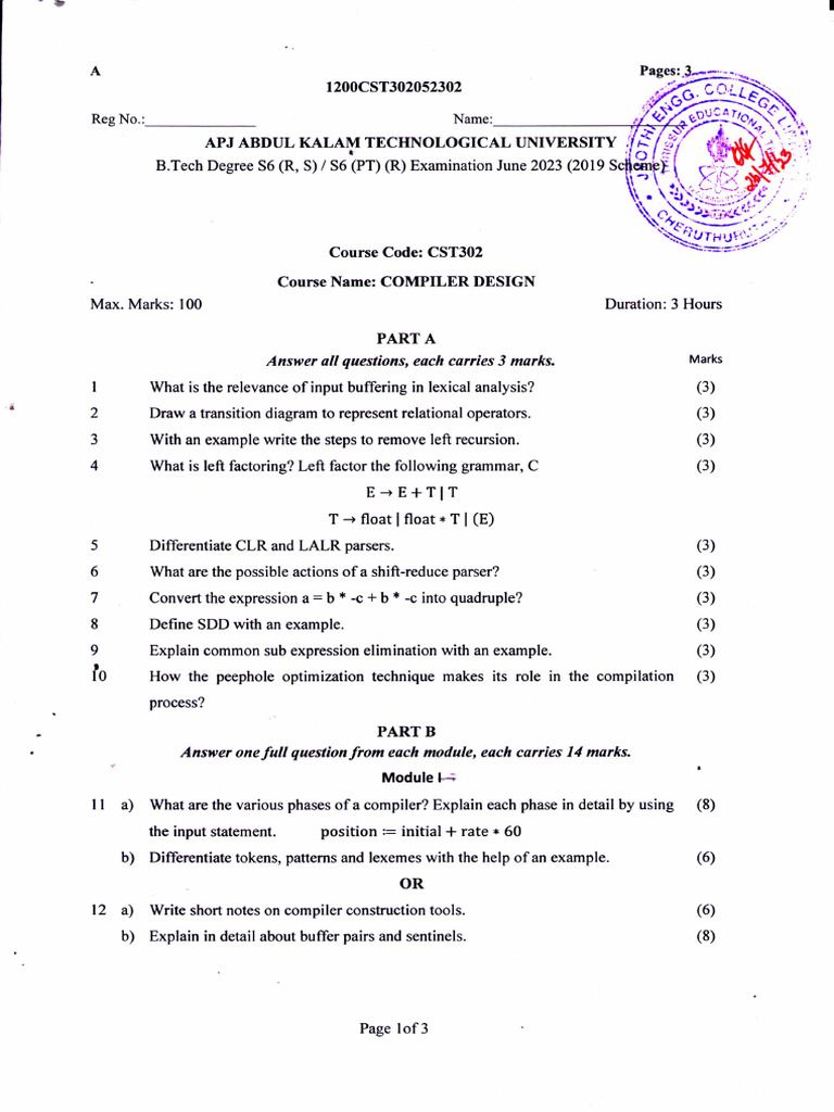 CST302 Compiler Design, June 2023 | PDF | Parsing | Metalogic