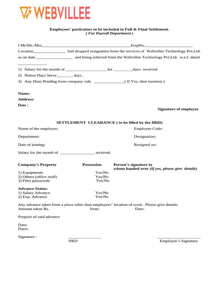Full & Final Settlement Form | PDF