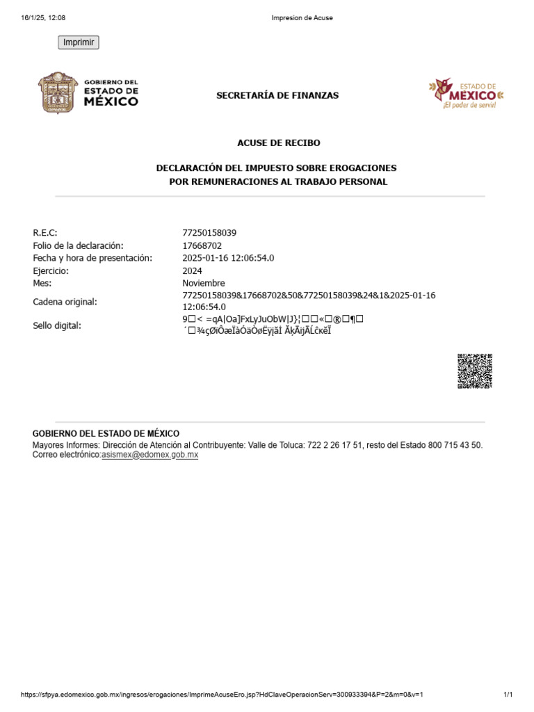 Acuse de Recibo Impuesto Erogaciones | PDF