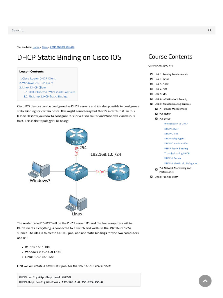 DHCP Static Binding on Cisco IOS | PDF