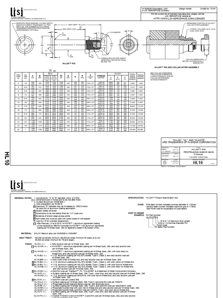 HL10 - HI-LOK Pin Protruding Shear Head Titanium 1 - 16 Grip Variation ...