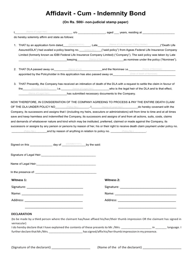 Indemnity Form | PDF | Insurance | Life Insurance