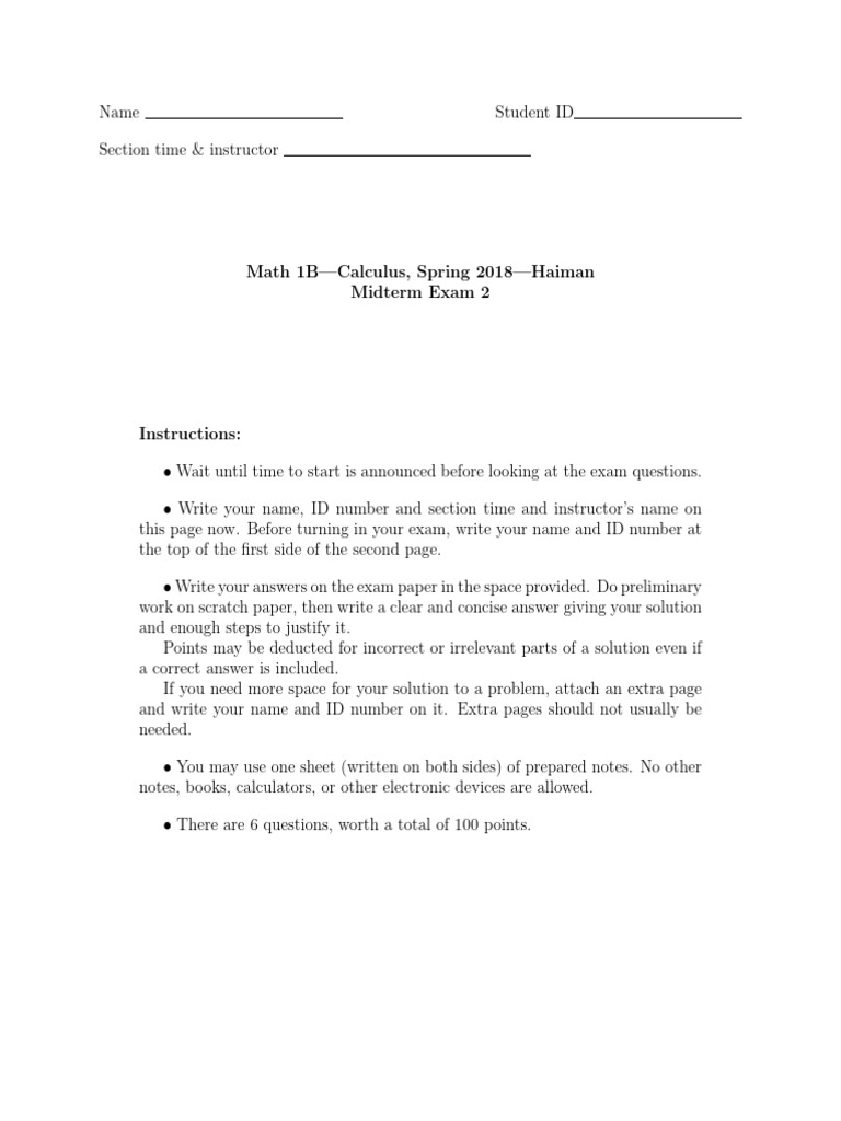Calculus Midterm Exam 2 Spring 2018 | PDF | Mathematical Concepts | Mathematical Relations