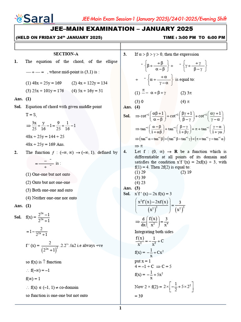 JEE Main 2025: Jan 24 Shift 2 Solutions | PDF | Mathematical Objects ...
