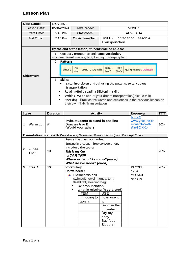 Movers 3: Transportation Lesson Plan | PDF | Vocabulary | Applied ...