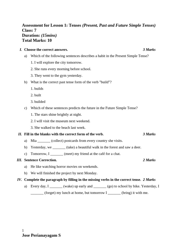 Assessment For Tenses | PDF