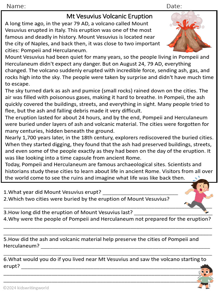 Grade 5 Reading Comprehension MT Vesuvius Volcanic Eruption | PDF | Mount Vesuvius | Types Of ...