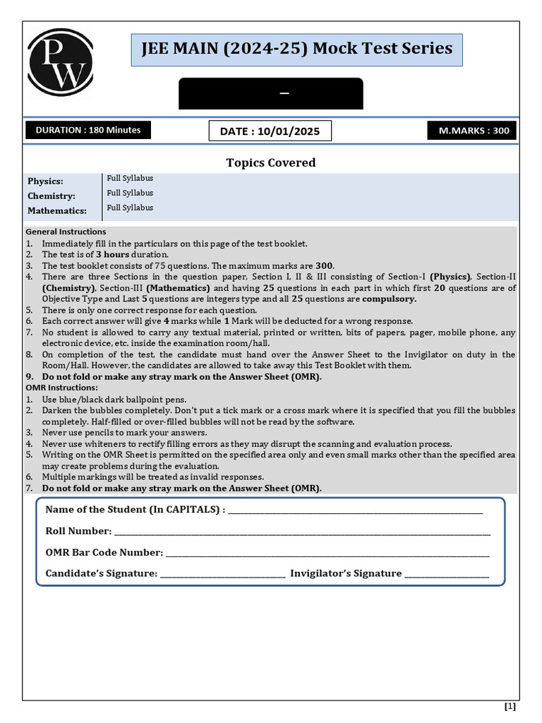 JEE MAIN Mock Test Series - Paper - 07 | PDF | Force | Acid
