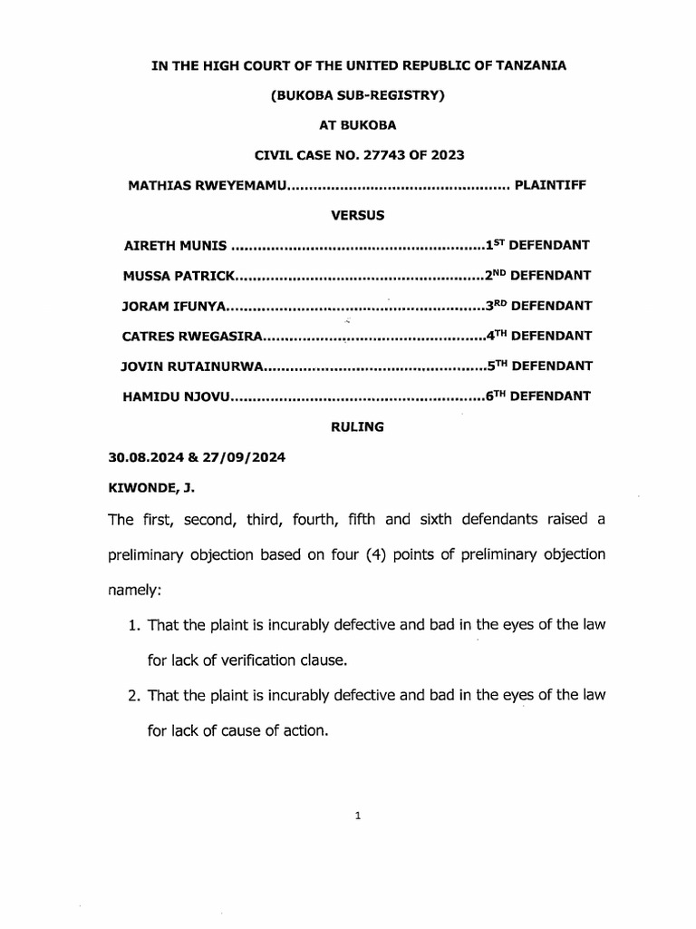 Mathias Rweyemamu Vs Aireth Munis 5 Others 2024 TZHC 8395 (27 September ...