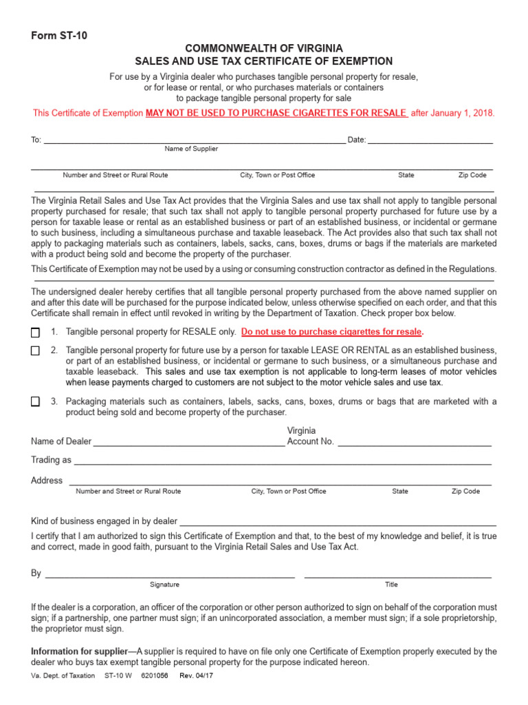 Virginia Sales Tax Exemption Certificate | PDF | Use Tax | Taxes