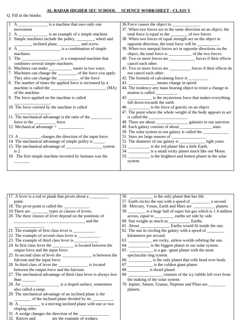 Science Worksheet Class 5 | PDF | Planets | Lever