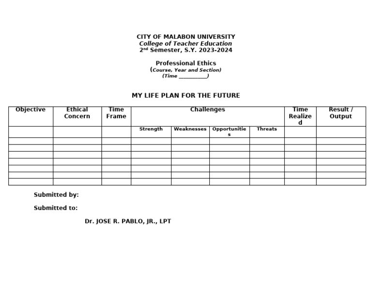 Cmu Cas Ethics Format Plan For Life | PDF