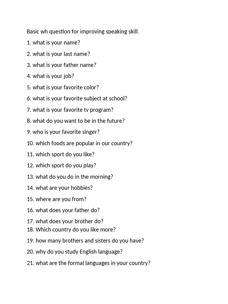 Basic WH Question For Improving Speaking Skill | PDF