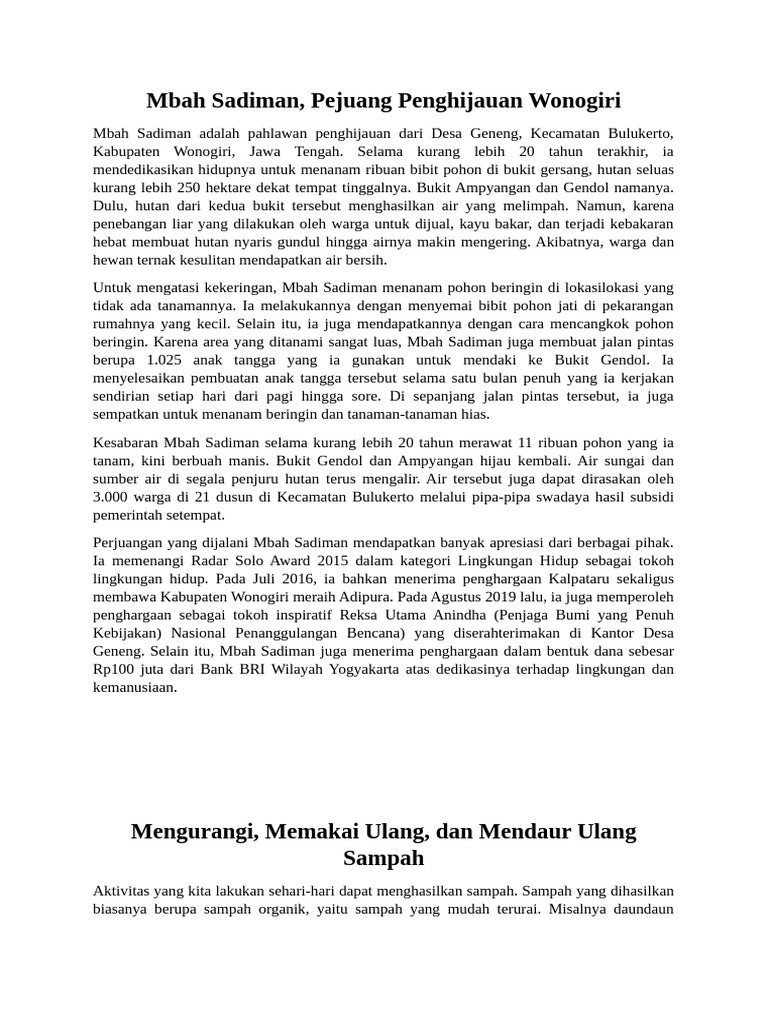 Mbah Sadiman: Pejuang Hijau Wonogiri | PDF