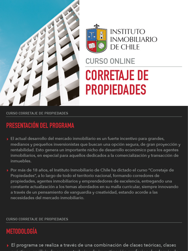 Folleto Curso Corretaje de Propiedades Online | PDF | Bienes raíces | Valoración (Finanzas)