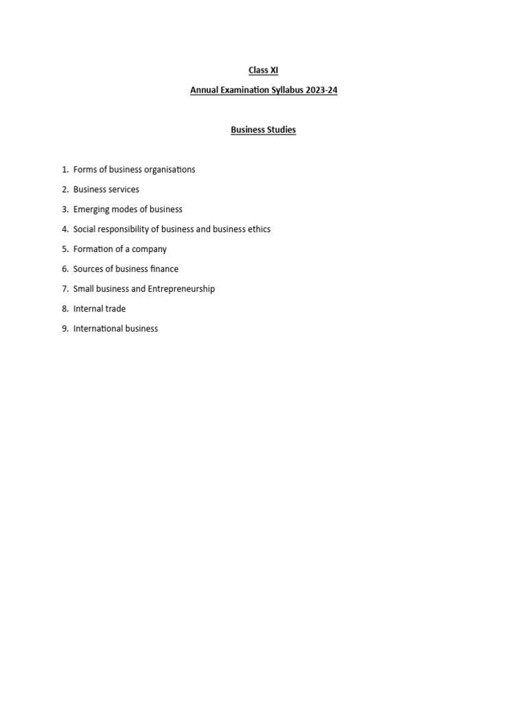Class XI - Business Studies - Annual Exam Syllabus 2023-24 | PDF