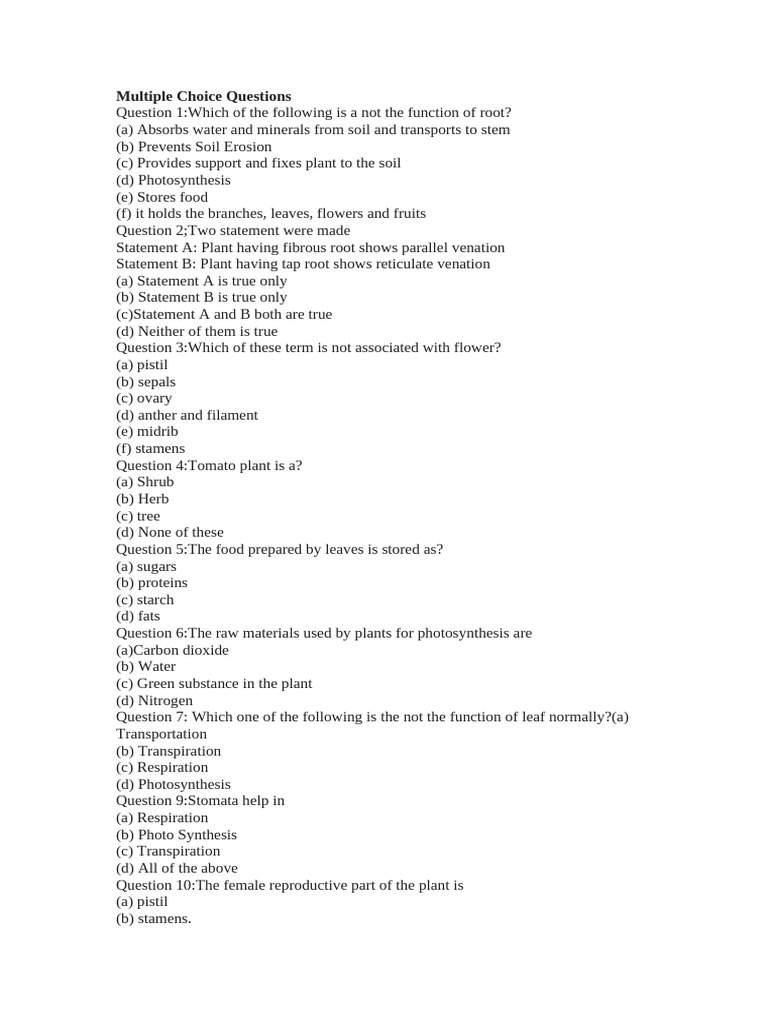 Plant Parts Quiz Questions | PDF