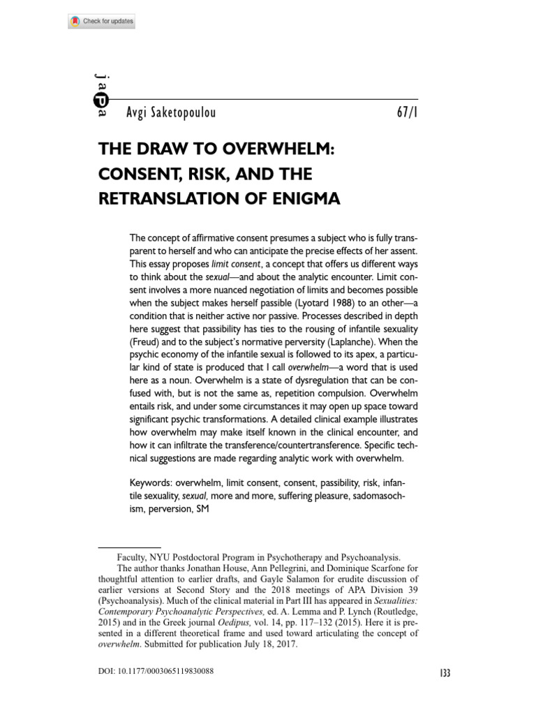Avgi Saketopoulou - THE DRAW TO OVERWHELM - CONSENT, RISK, AND THE RETRANSLATION OF ENIGMA | PDF ...